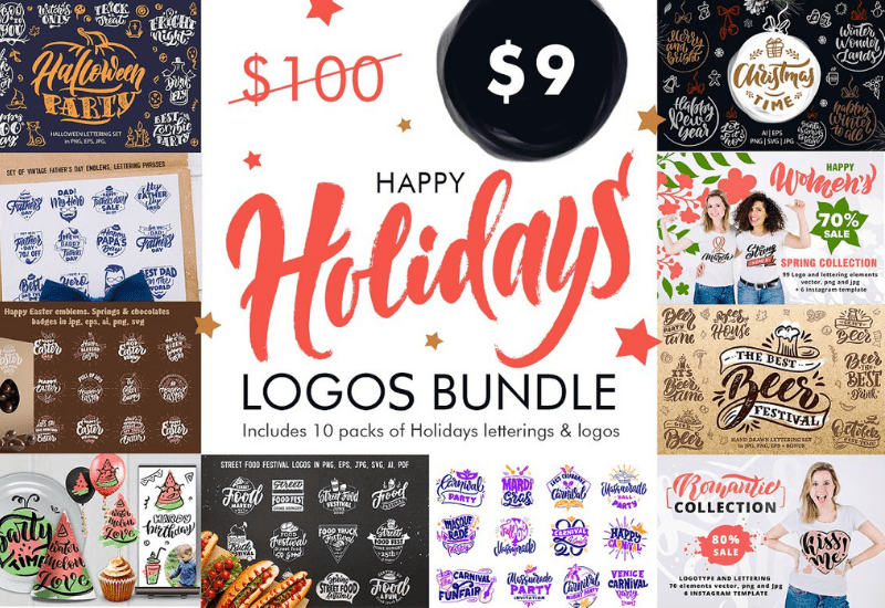 The Happy Holiday Lettering Logos Bundle | Artixty
